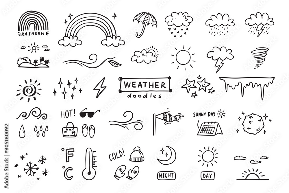 Weather Doodle sketch icons cartoon line hand drawn illustration for ...