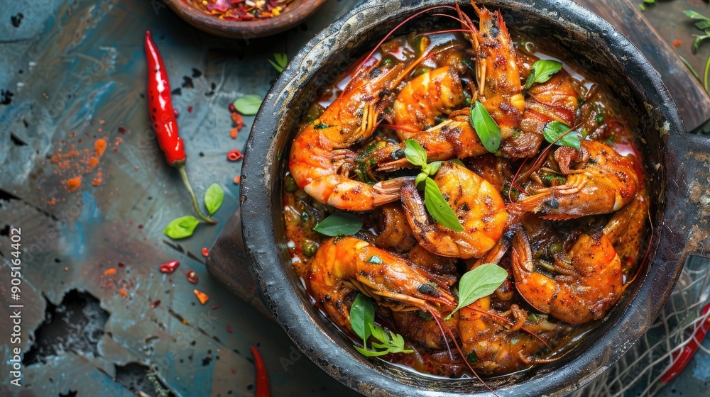 Top view spicy hot Bengali Prawn roast shrimp masala Kerala fish curry ...