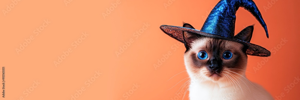 Halloween background wallpaper or banner, Siamese cat with blue eyes ...