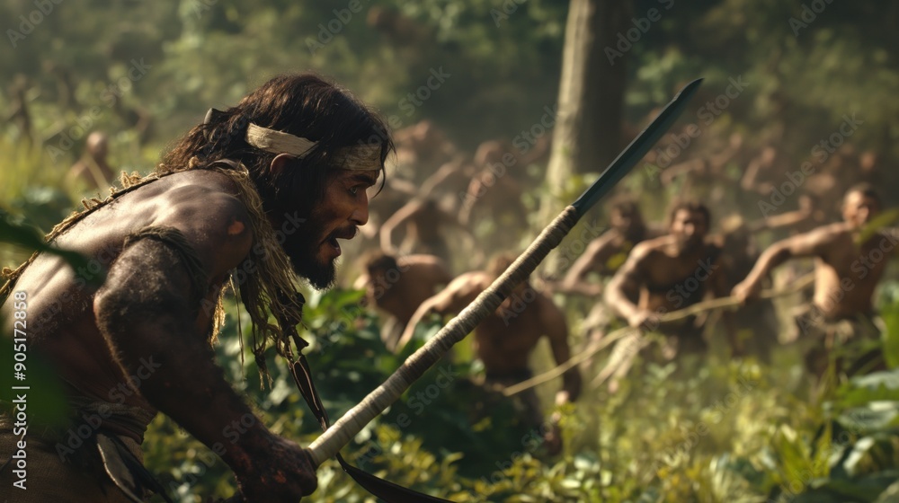 Team of cavemen ancient hunters around 10000 BC, deeply engaged in ...