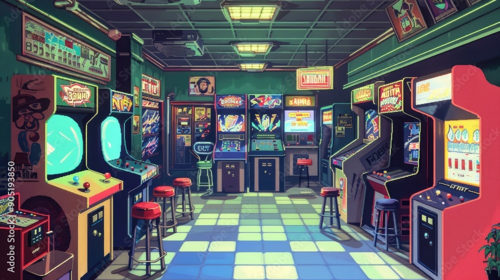 Pixel art vintage arcade room with classic 8-bit machines and retro ...