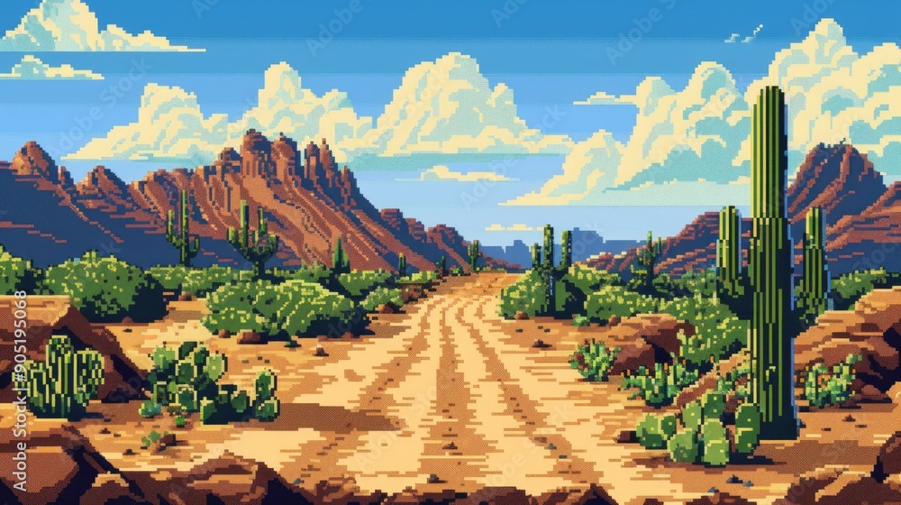 Retro 8-bit pixel art of a western desert road, with cacti and ...
