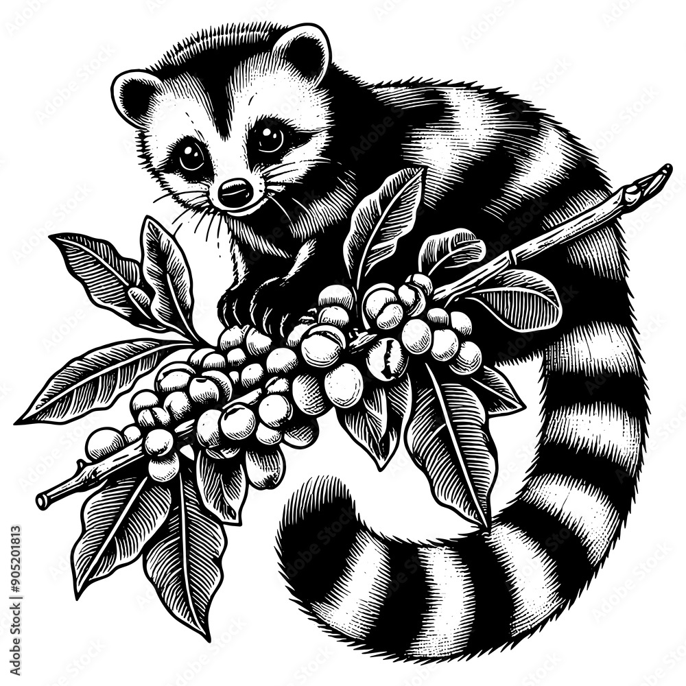 musang Asian palm civet sit on coffee tree branch with coffee cup Kopi ...