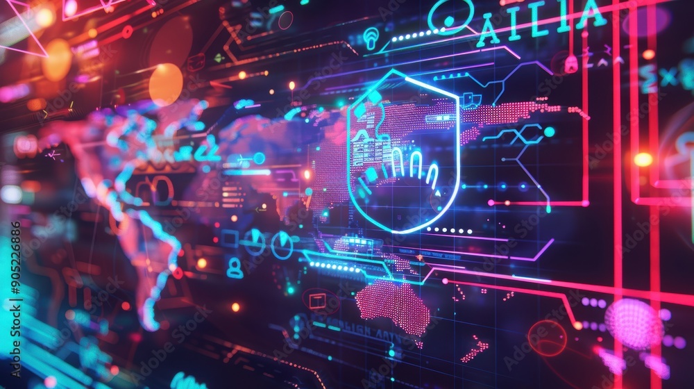 Securing the global network with shield icon and data flow ...