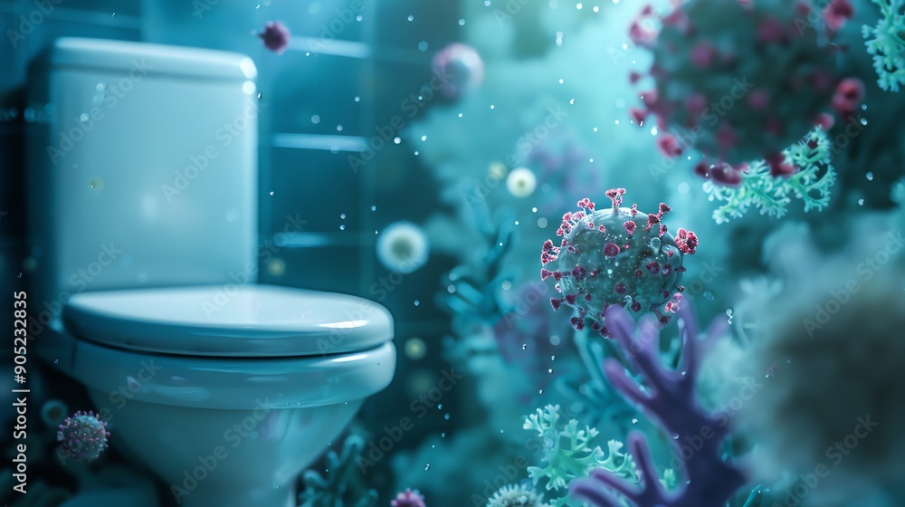Illustration of a bathroom with floating germs and bacteria ...