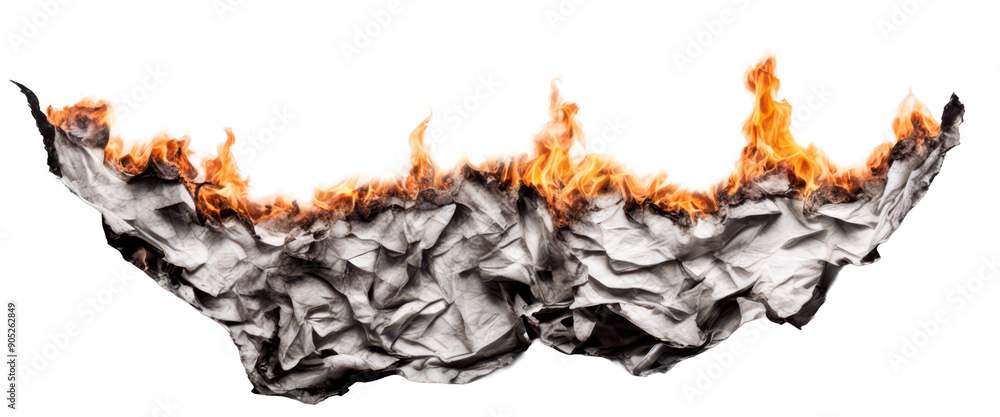 Crumpled paper set ablaze, creating a dramatic and fiery visual effect ...