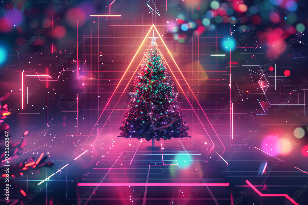 futuristic synthwave themed christmas background with christmas tree ...