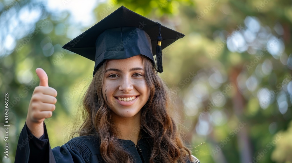 College graduation and girl's thumbs-up campus image for success, award ...