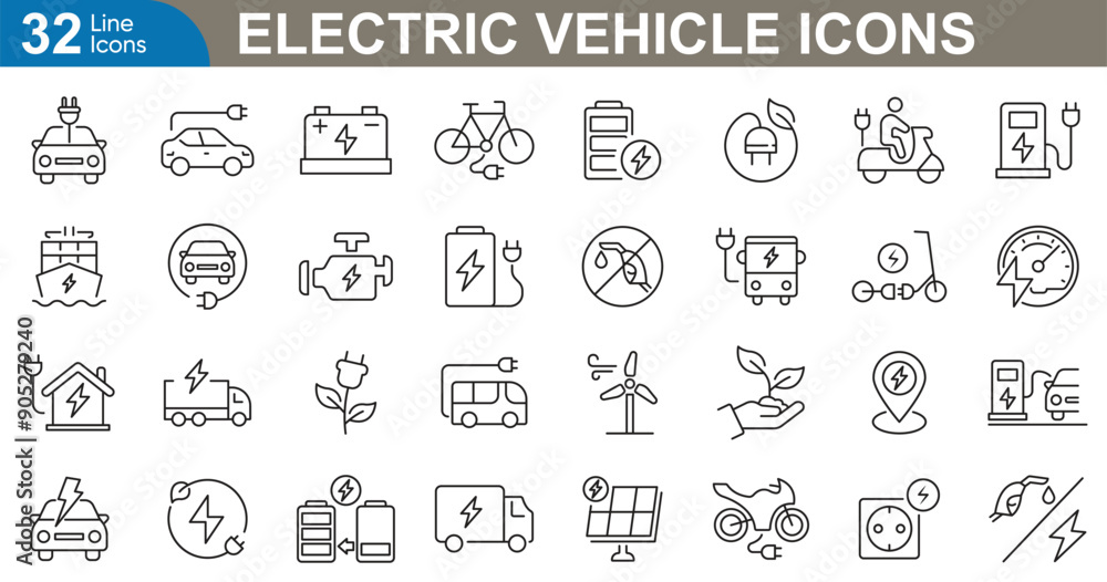 Electric vehicle icons set vector illustration. Electric car, battery ...