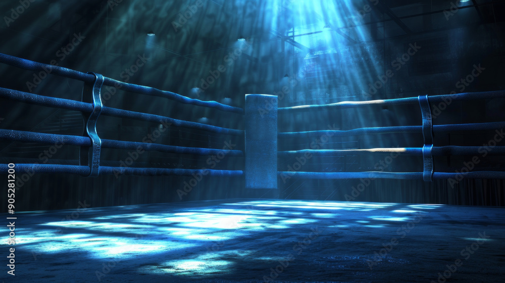 single spotlight illuminates an empty boxing ring, casting dramatic ...