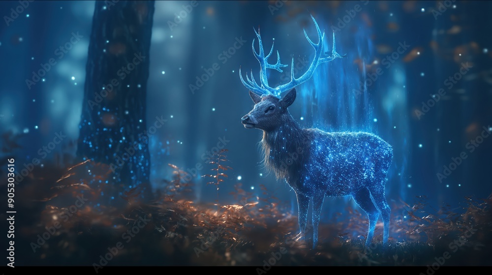 Majestic deer with glowing antlers is standing in a magical forest ...