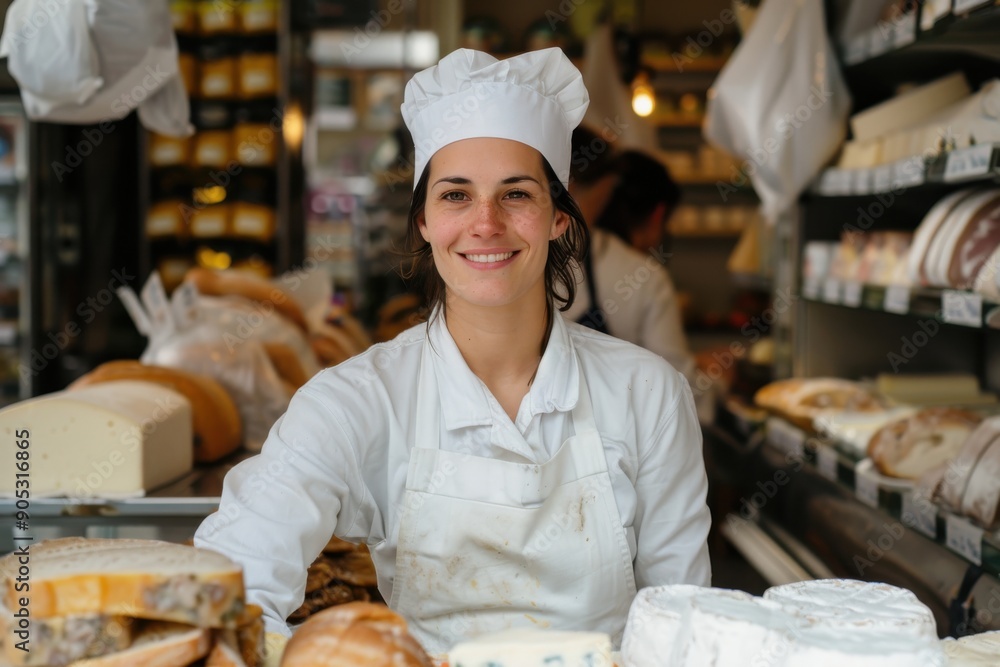 A cheerful female baker in a traditional white uniform and hat stands ...