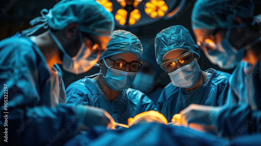 Surgeons Working Under Surgical Lights. Surgeons working under bright ...