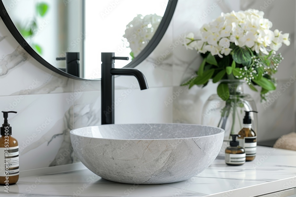 Minimalistic bathroom featuring a marble basin with black faucet and ...