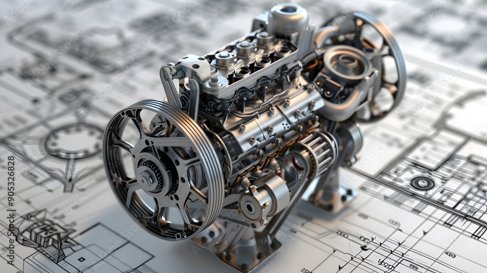 Detailed 3D mechanical engine blueprint with exploded view, featuring a ...