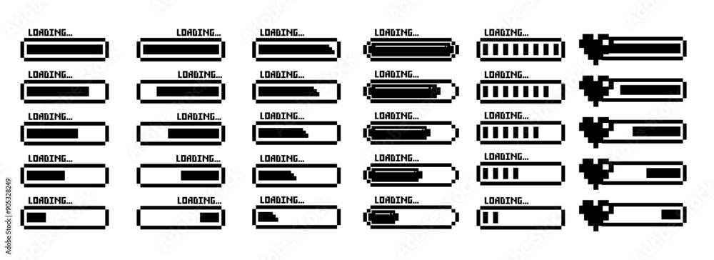 Pixel art 8-bit loading bar concept. Loading icons set.Load bar collection. loading icons on ...