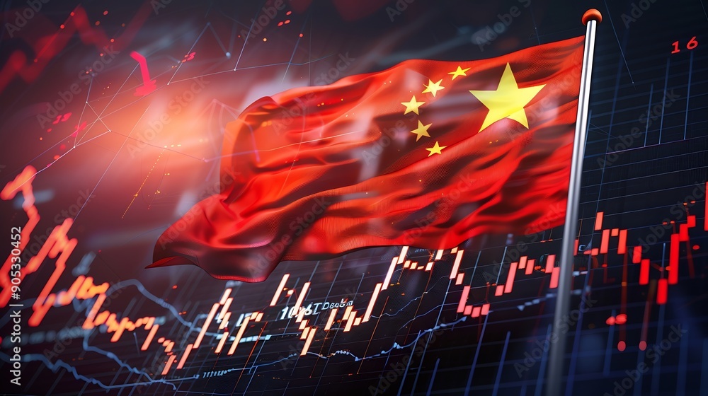 China flag with stock market finance economy trend graph digital ...