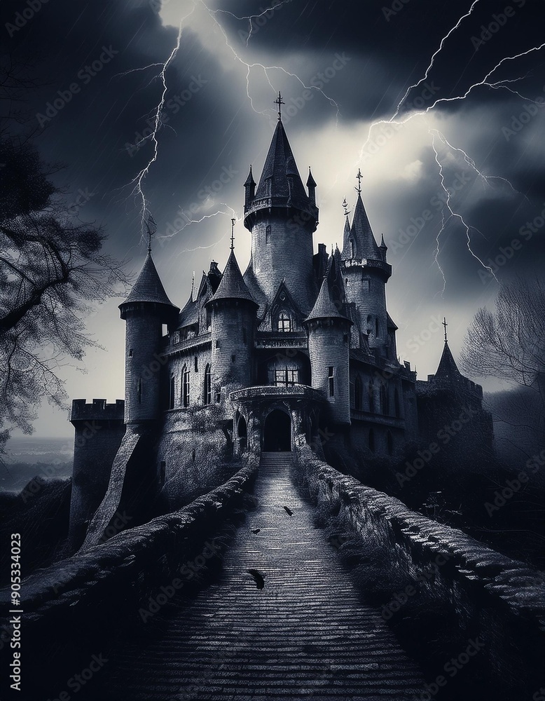 A black and white gothic castle dramatically backlit by lightning with ...