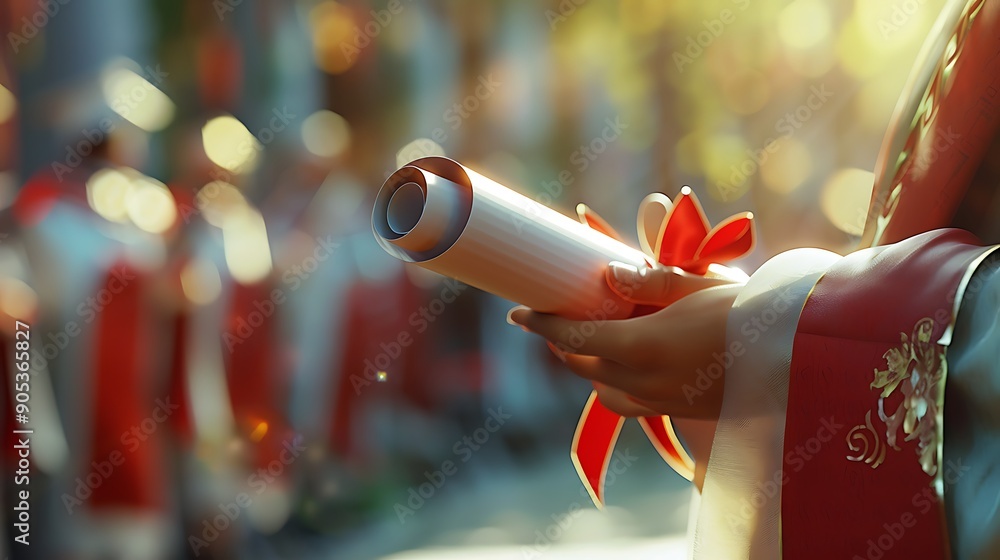Photorealistic Closeup of Hand Holding Diploma with Red Ribbon ...