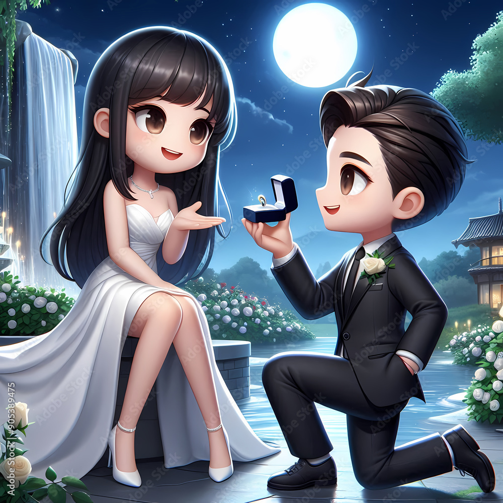 A chibi-style couple in formal attire shares a romantic moment as the ...