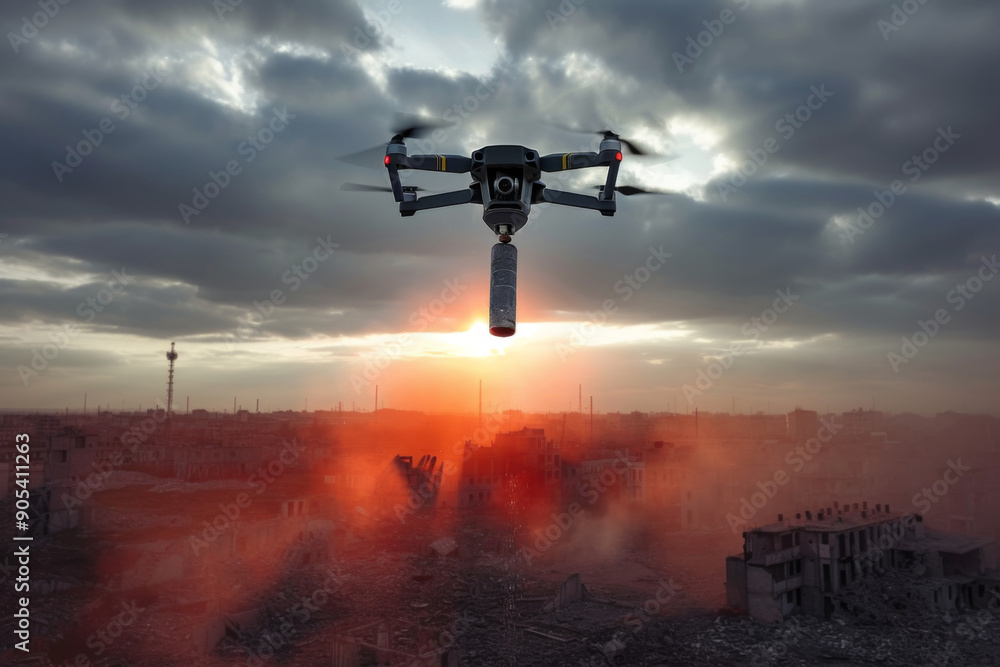 Loitering munition UAV drone with explosive flying over ruined city at ...