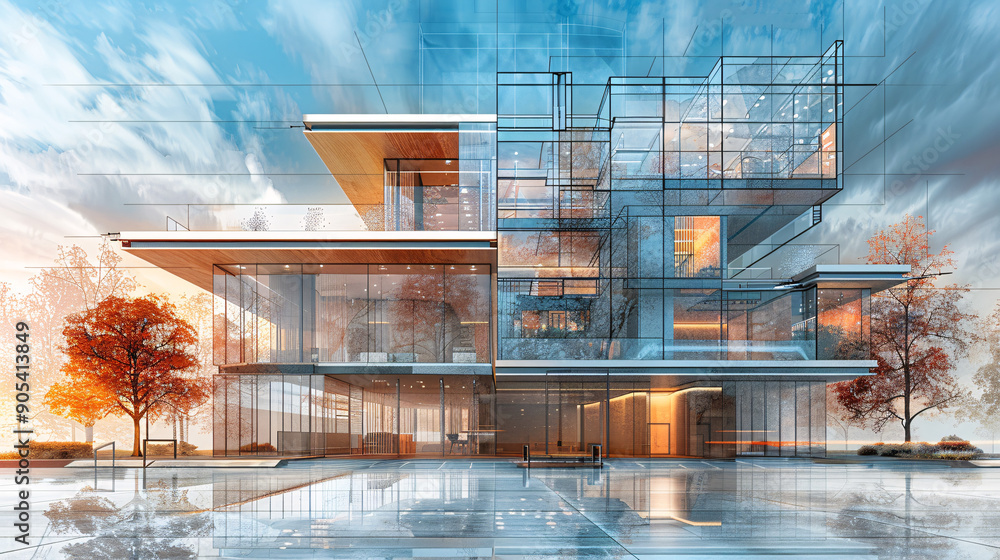 Modern architectural design blending real-life glass building with ...