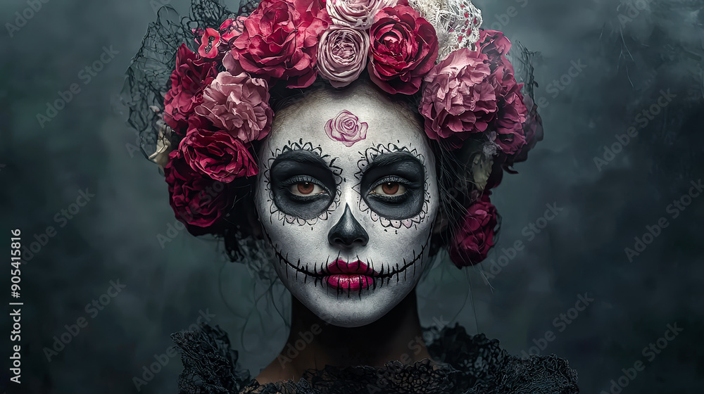 Striking Female Portrait of Dia de los Muertos La Catrina with Elegant ...