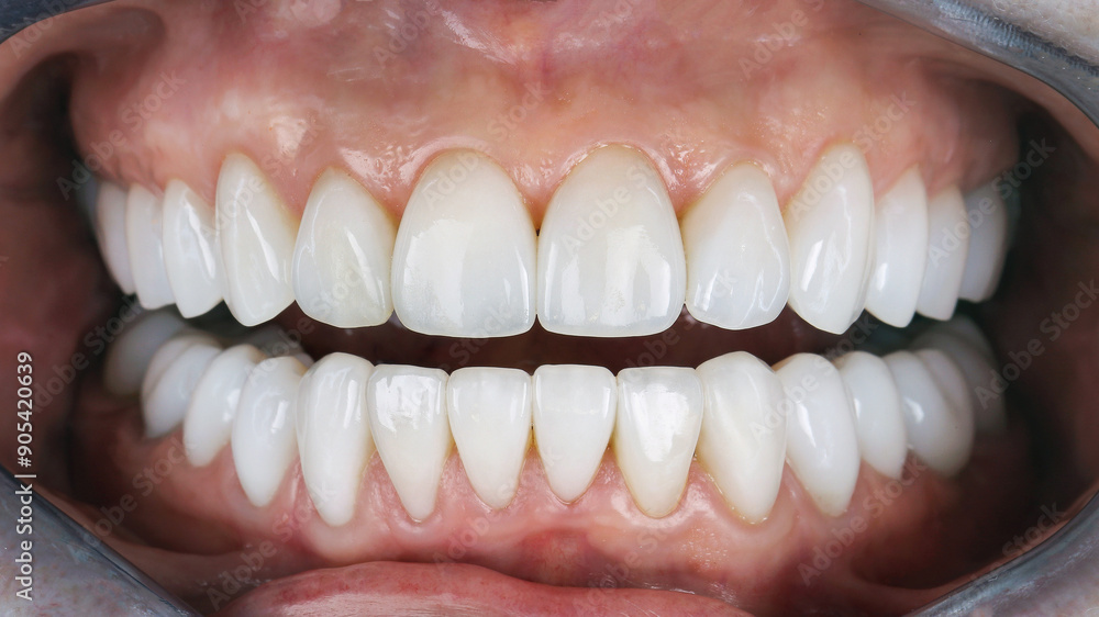all teeth covered with veneers on the upper and lower jaw Stock Photo ...