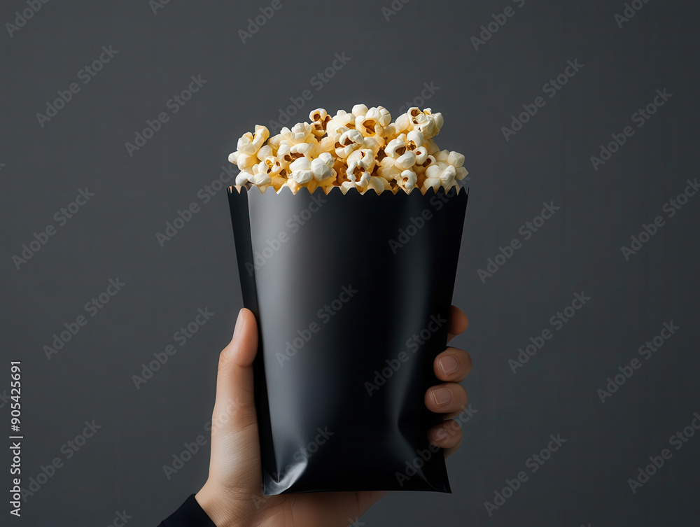 Gourmet popcorn bag with a metallic finish and bold typography, modern ...