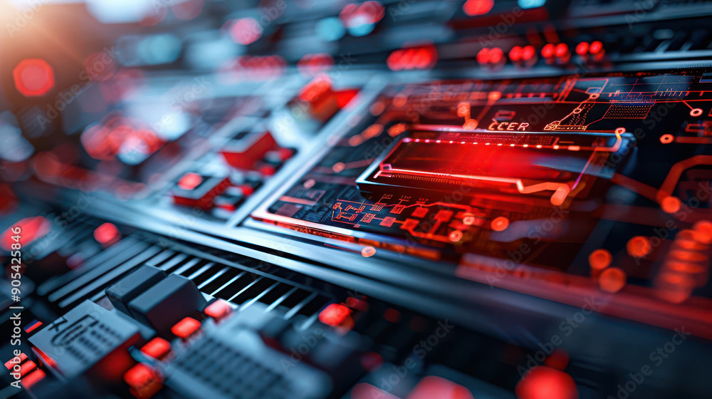 Holographic hacker alert, bright red digital signs, advanced ...