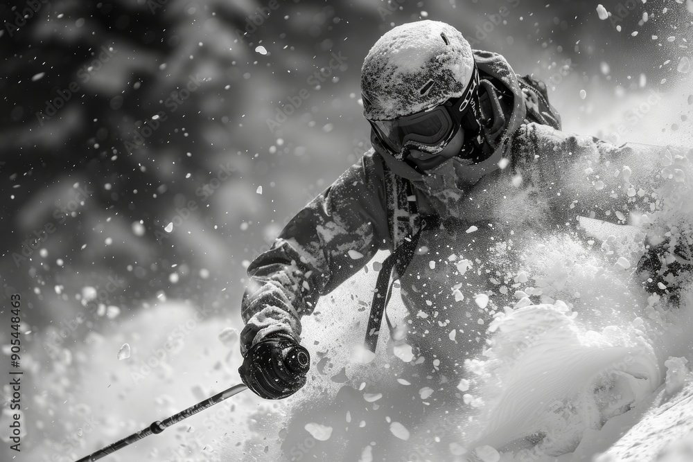 Skier gracefully launching off ski jump ramp in a spectacular and ...