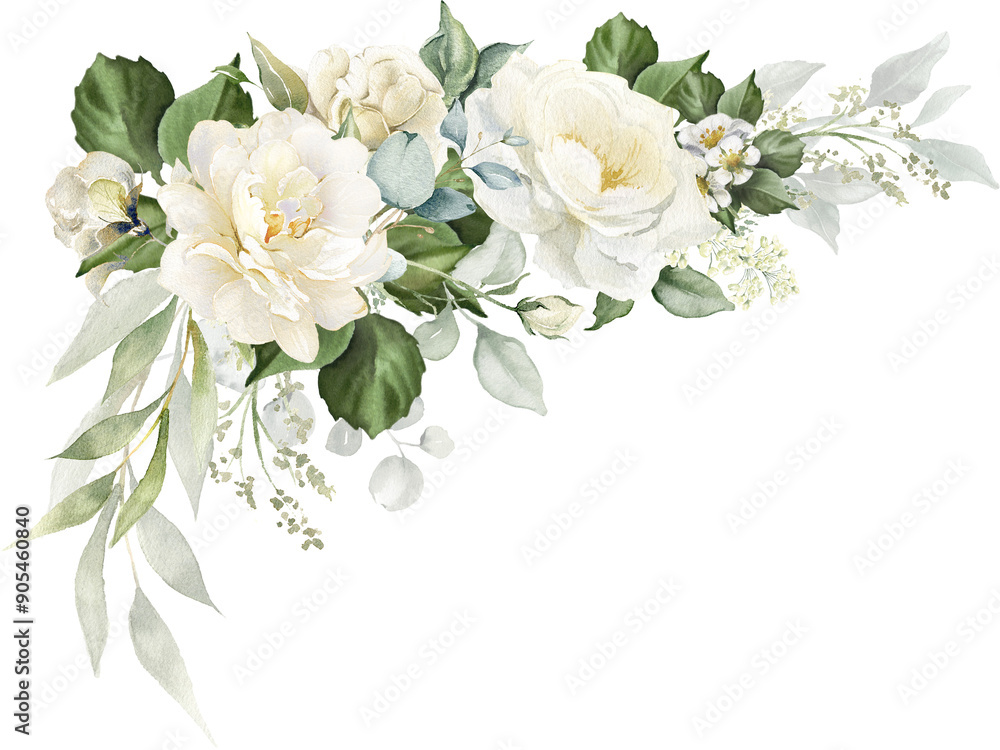 Watercolor white flowers corner border. Floral bouquet of creamy peony ...