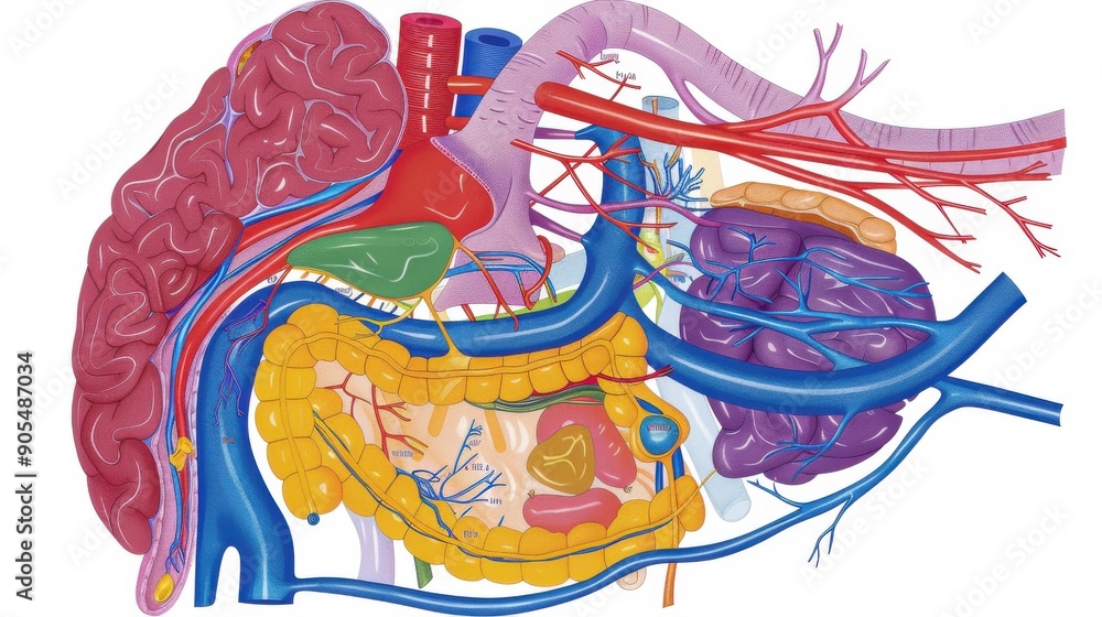 A detailed illustration of the digestive system's accessory organs ...