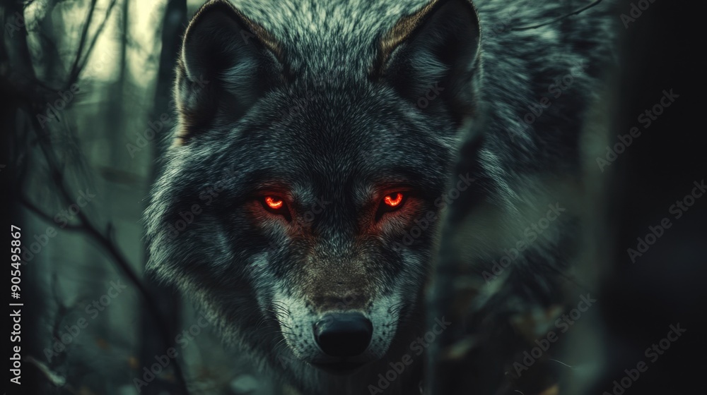 Wolf king face with glowing red eyes stalking the forest, its fur ...
