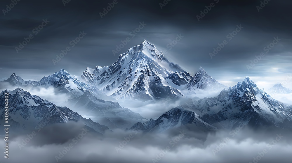An epic fantasy art style landscape of the Himalayas, with snow-capped peaks shrouded in mist ...