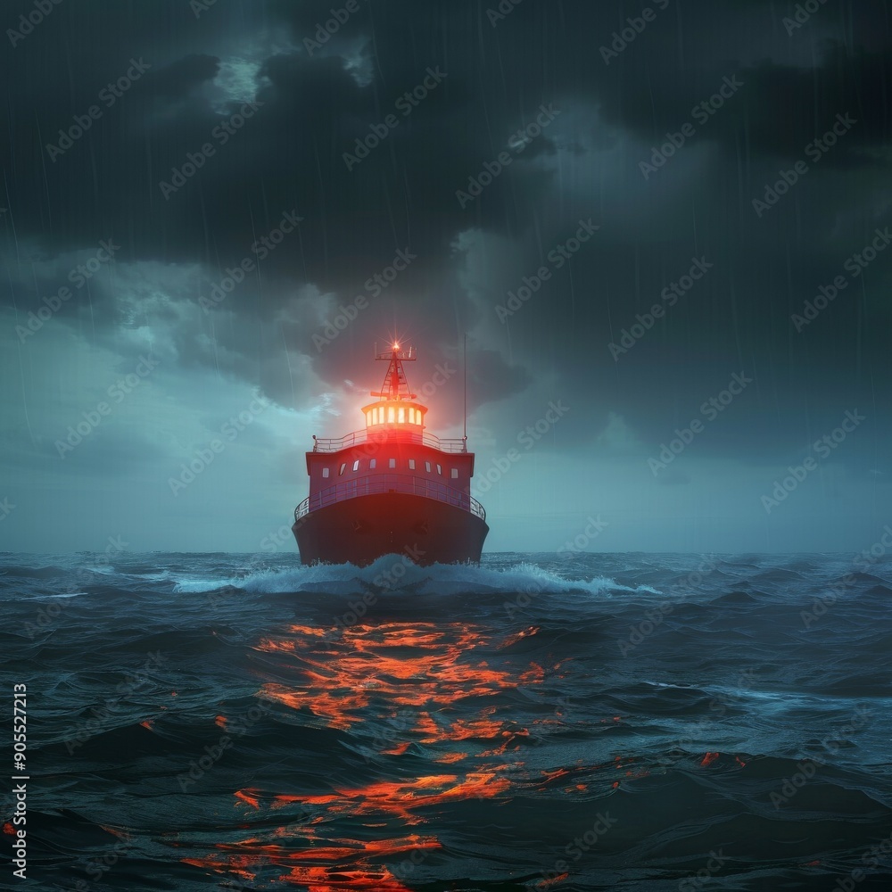 A lone ship navigates choppy waters under a stormy sky. The ship's ...