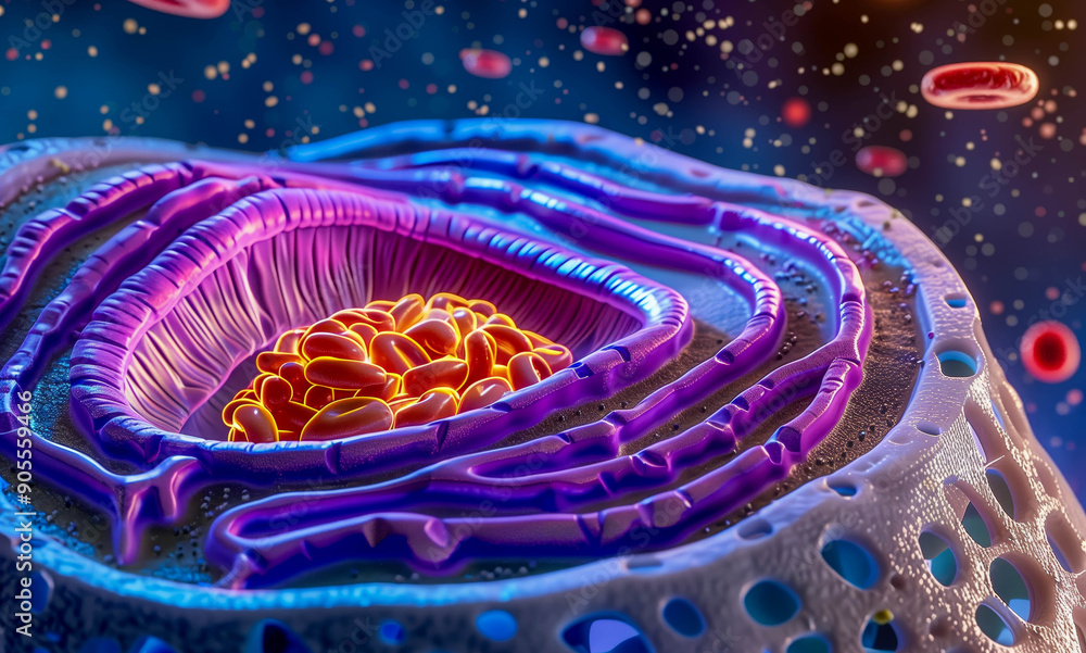 Intricate structure of a human cell, with organelles such as the ...