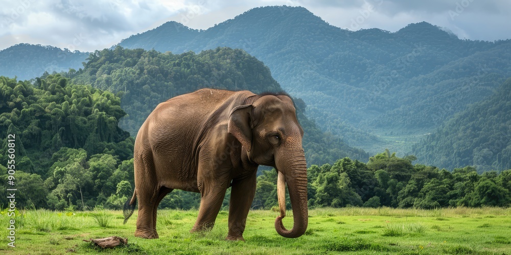 Big Asian elephant walking in open green nature park surrounded by ...