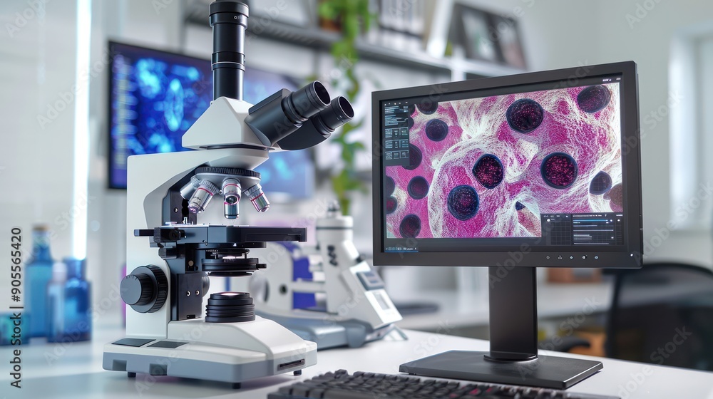 A microscope with a built-in camera that takes pictures of a sample of ...