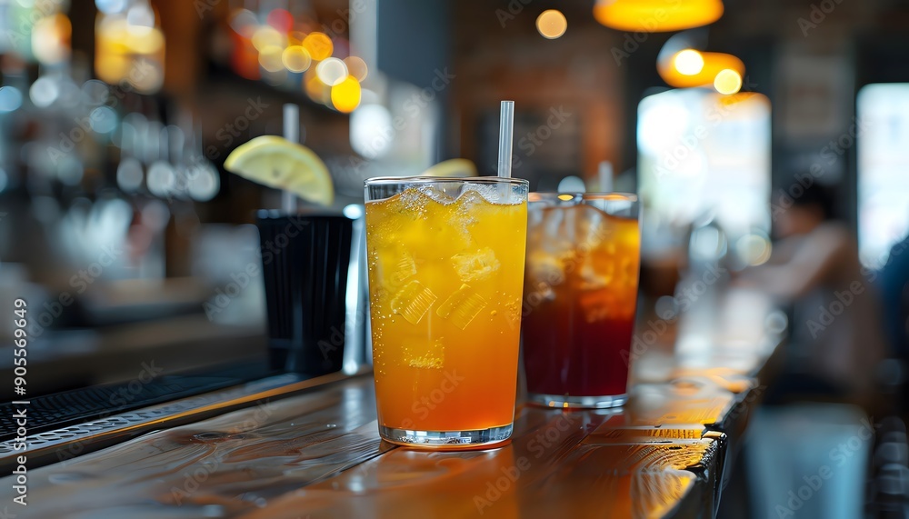 Spicy beverages, including sodas and cocktails, in a trendy bar. Stock ...