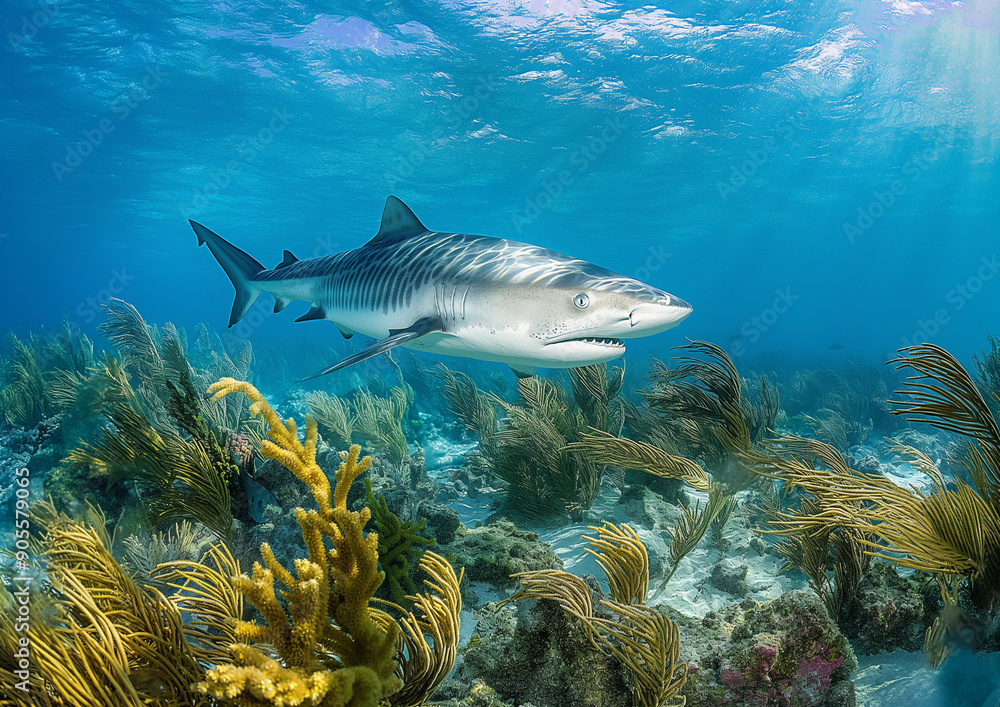 A tiger shark swims in the ocean over beautiful seaweed, captured in an ...