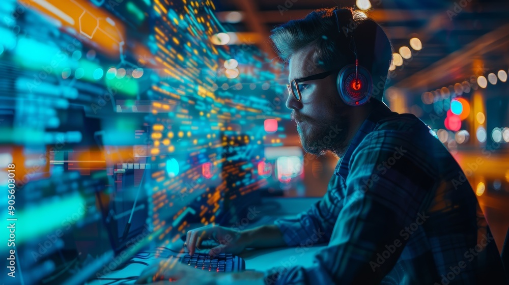 Software developer and IT support in tech office, abstract blurred ...