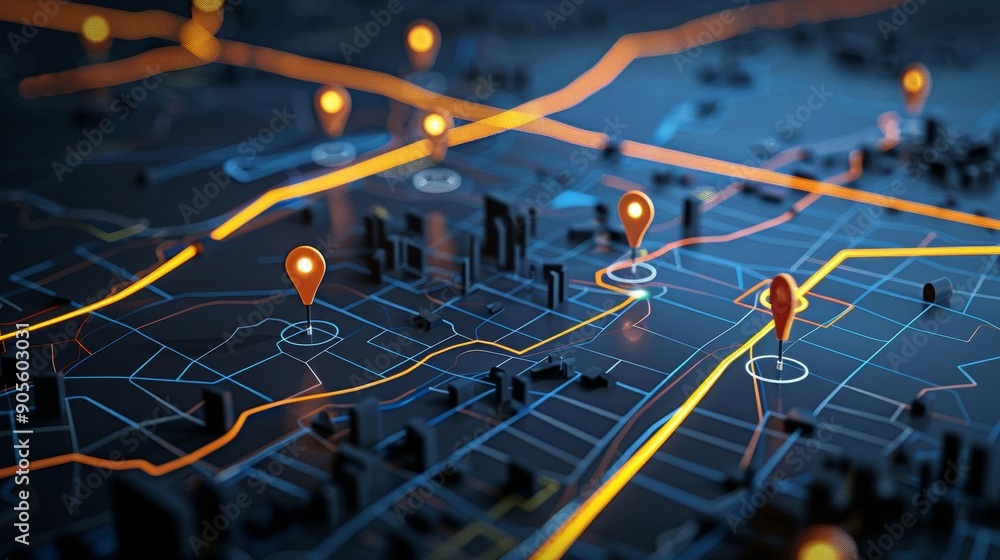 Digital map with highlighted pins indicating specific locations for ...