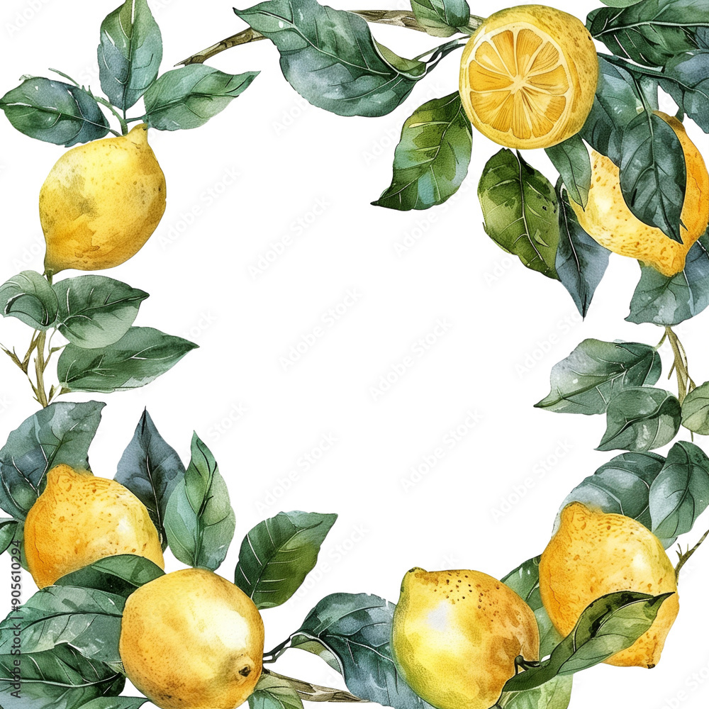 Watercolor illustration of lemons oval frame on white background ...