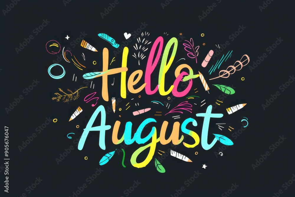 "Hello August", colorful lettering, on black background cute and ...