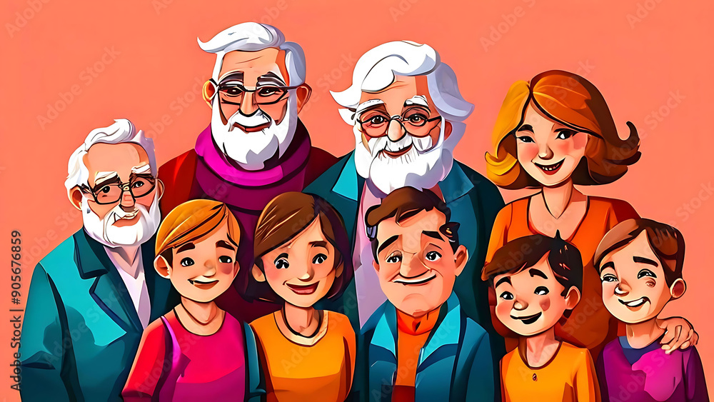 Cartoon illustration of a big family group photo, featuring ...
