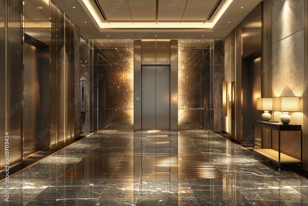 Hotel Elevator Lobby. Modern Luxury Interior Design in Hotel Lobby with Elevators Stock Photo ...