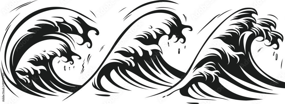 sea wave black Silhouette Clip art set isolated on white background ...