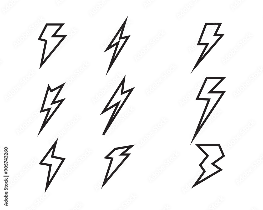 Sets of lightning icons and thunderbolt symbols, electric flash designs ...