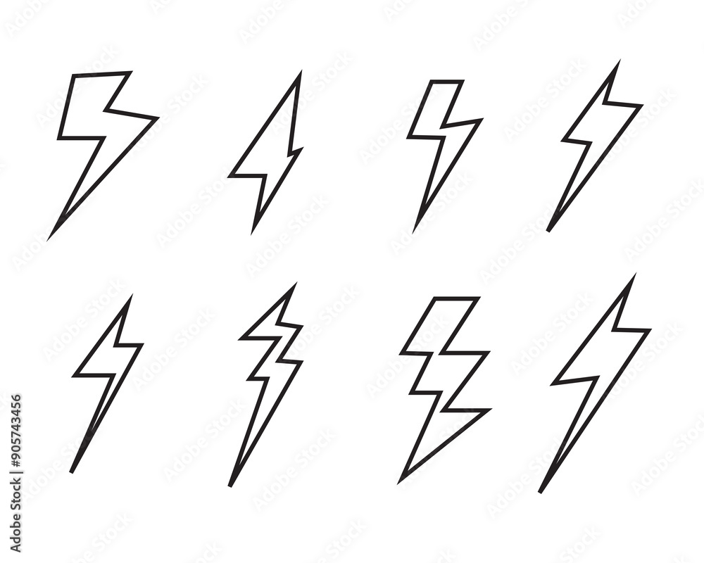 Sets of lightning icons and thunderbolt symbols, electric flash designs ...